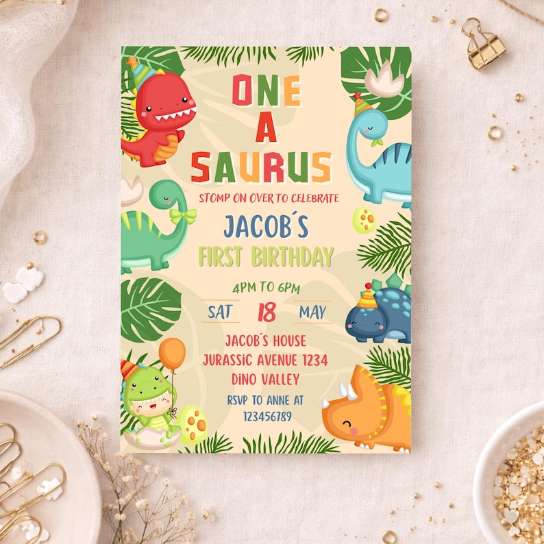 Dinosaur Birthday Invitation: One a Saurus Party Invite (editable Canva ...