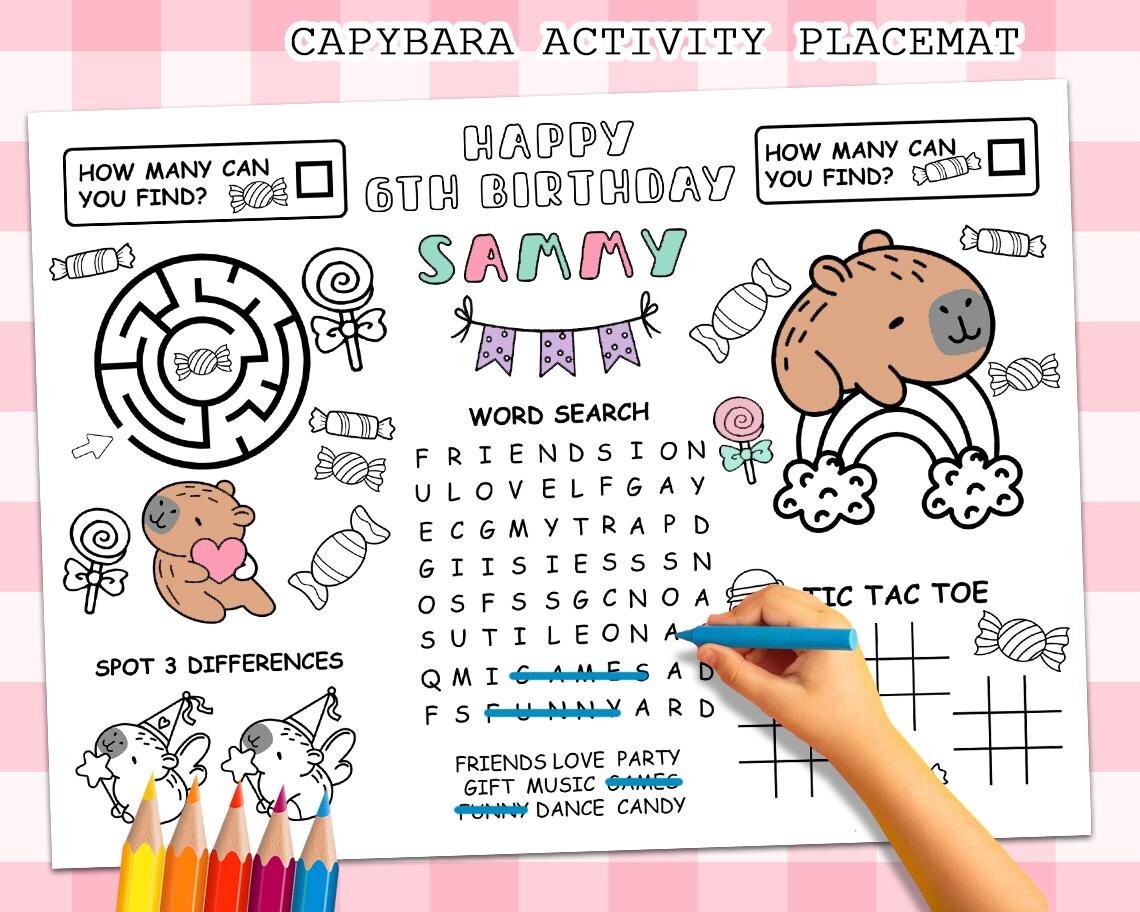 Capybara Activity Placemat, Capybara Coloring Page, Capybara Birthday ...