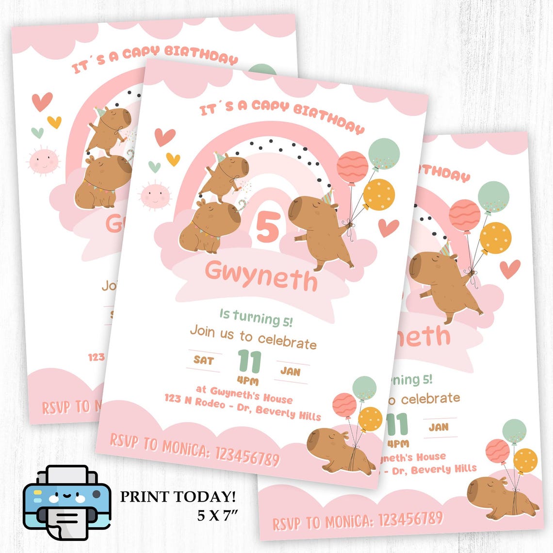 Capybara Birthday Invitation, Pink Girls Capybara Party Invite ...