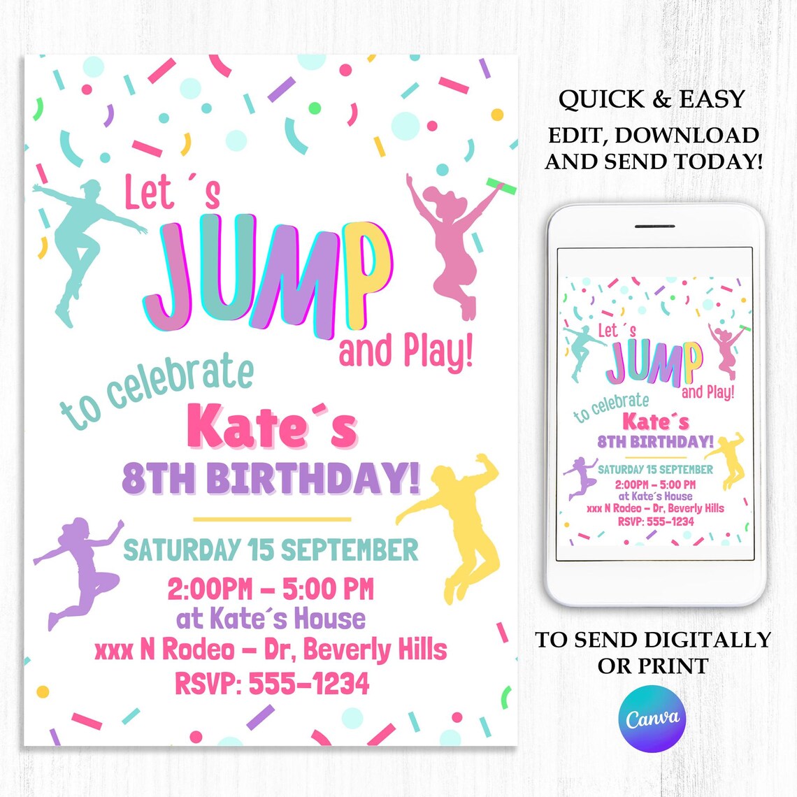 Jump Invitation, Girls Trampoline Party Invite, Jump Birthday ...