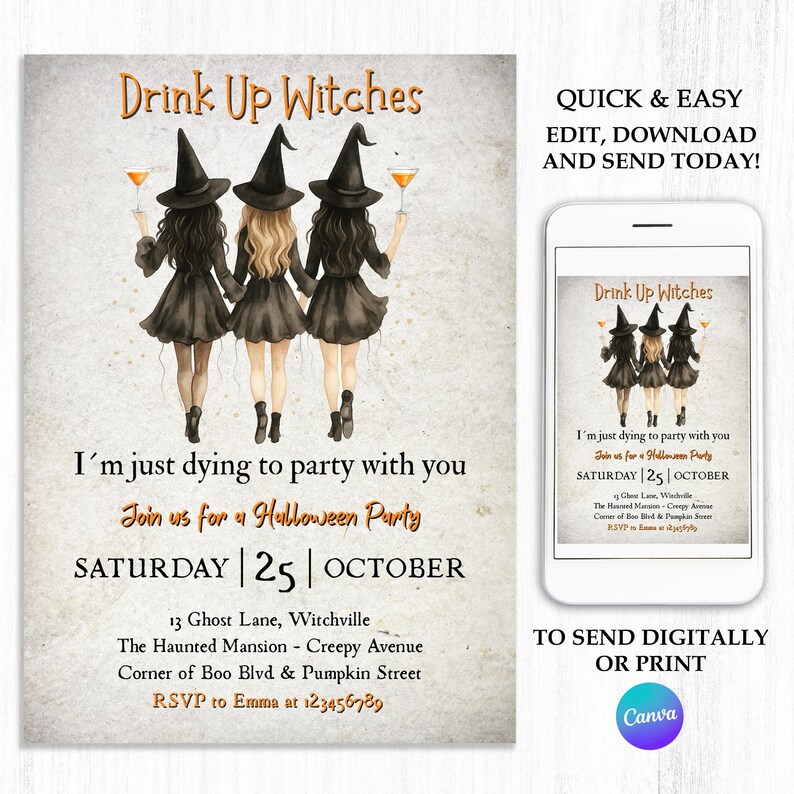 Halloween Girls Night Invitation, Drink up Witches Halloween Party ...
