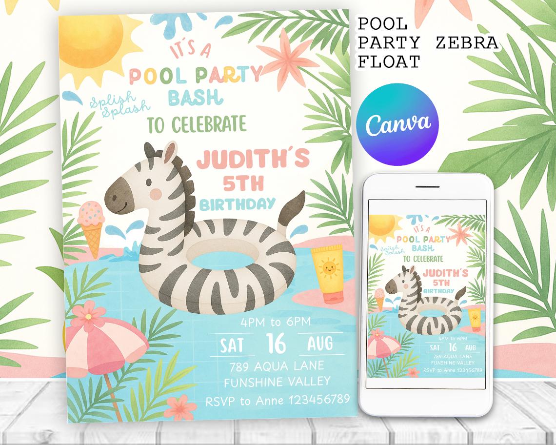 Pool Party Birthday Invitation, Zebra Pool Float Invite, Waterslide ...