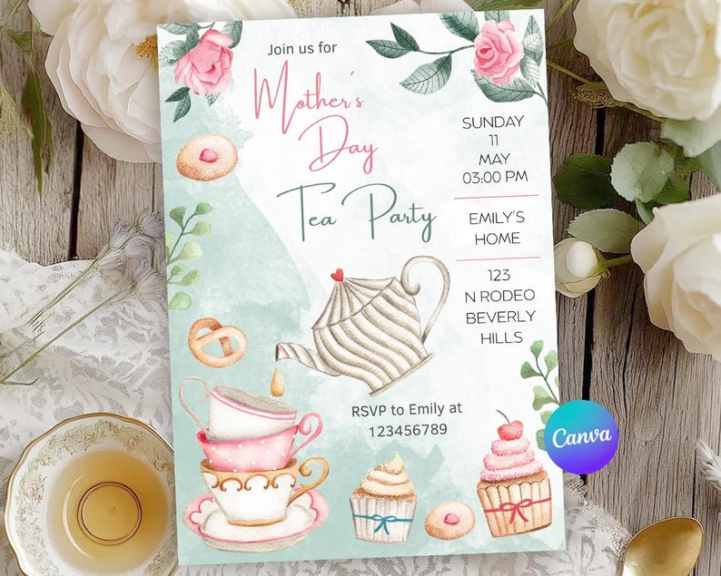 Mothers Day Tea Party Invitation, Watercolor Floral Afternoon Tea Party ...