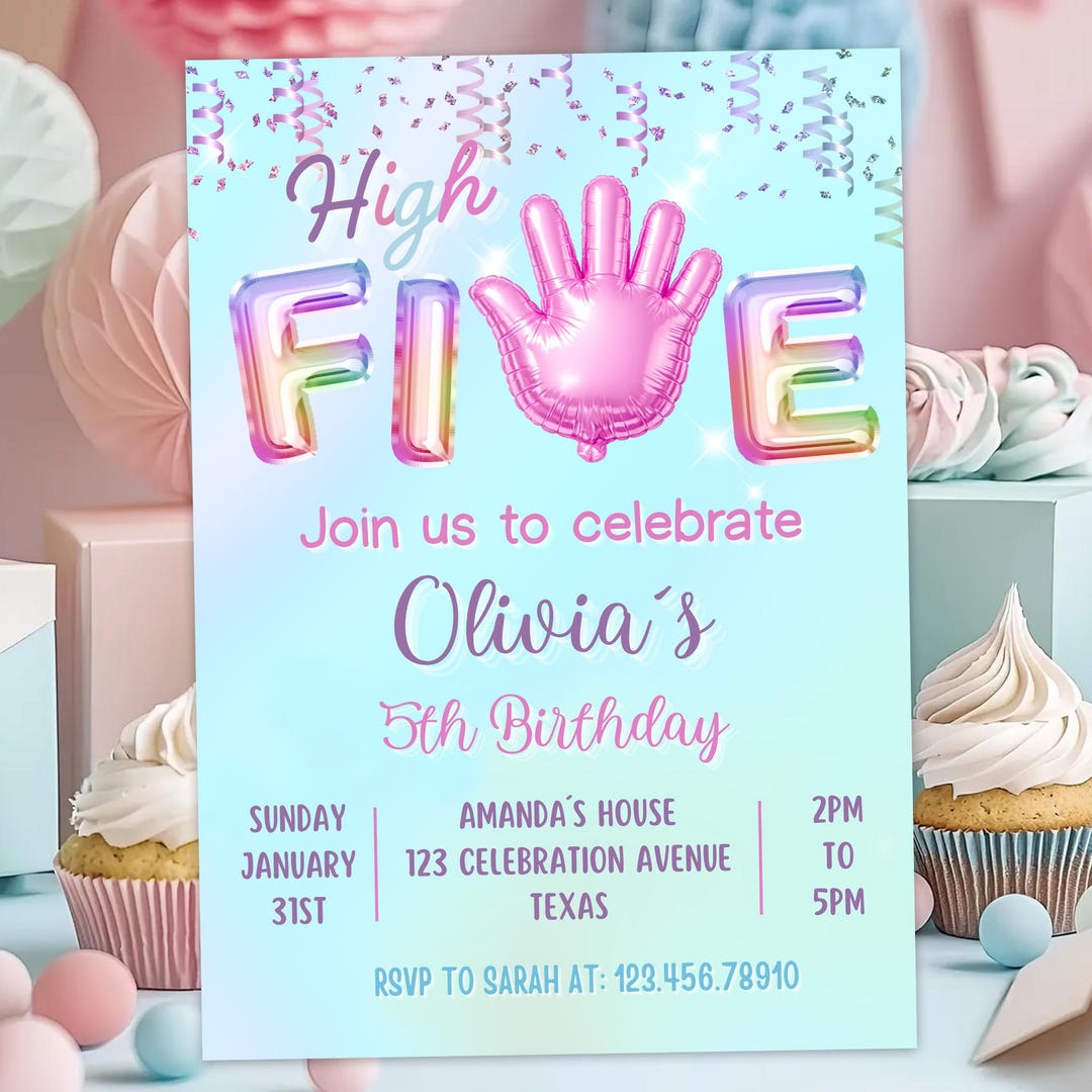 High Five Birthday Invitation: 5th Party Invite For Girls (Editable ...