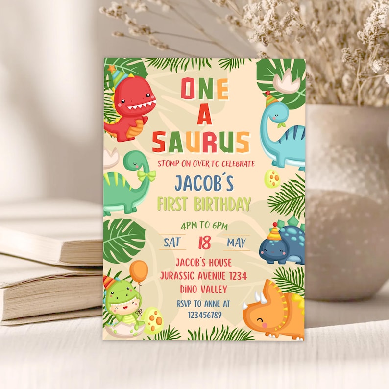 Dinosaur Birthday Invitation: One a Saurus Party Invite (editable Canva ...