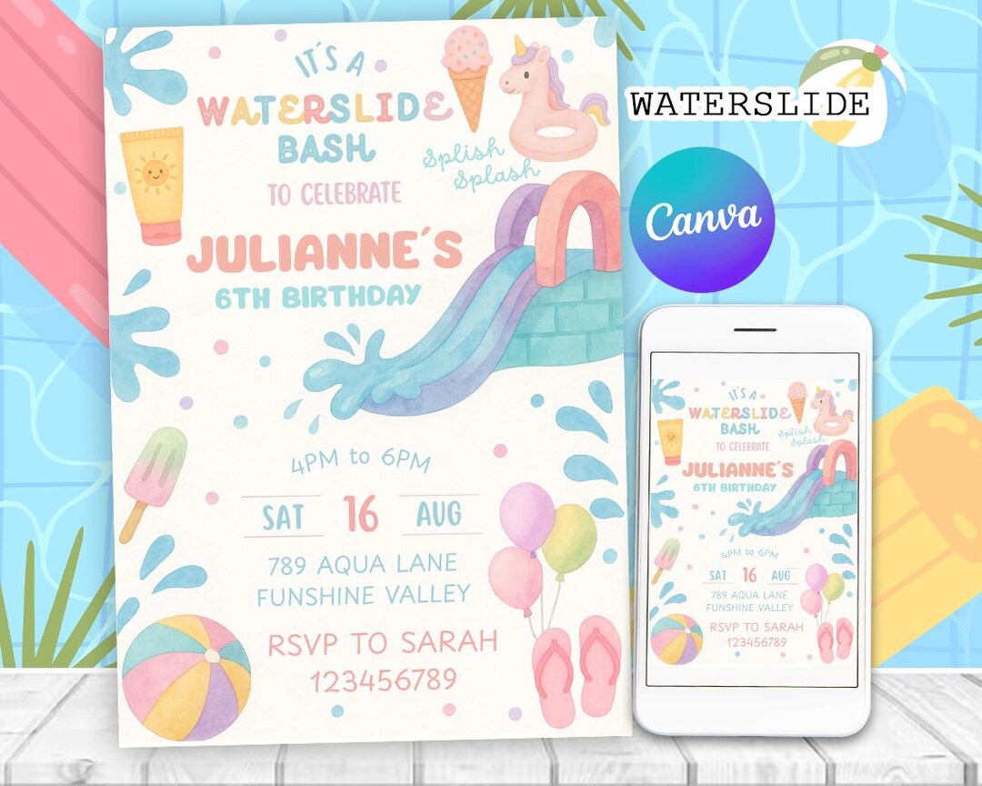 Waterslide Birthday Invitation, Girls Water Slide Party Invite ...