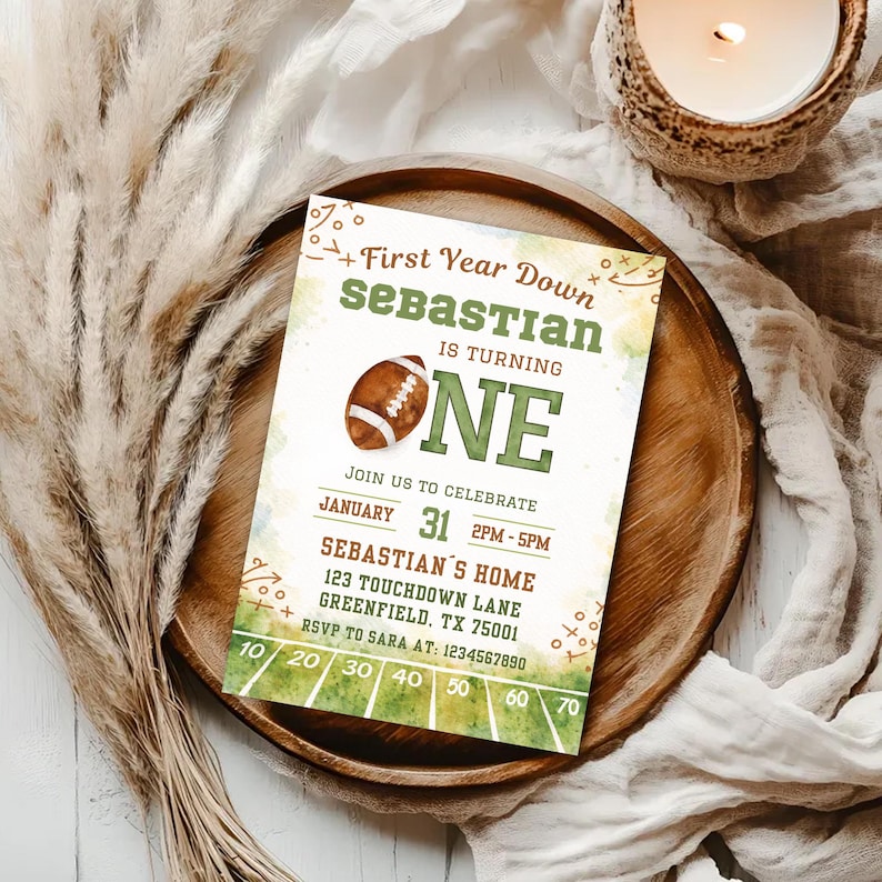 First Year Down Football Birthday Invitation: Sports 1st Party Invite ...