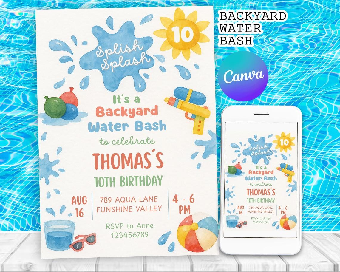 Water Gun Birthday Invitation, Boy Summer Water Splash Party Invite ...