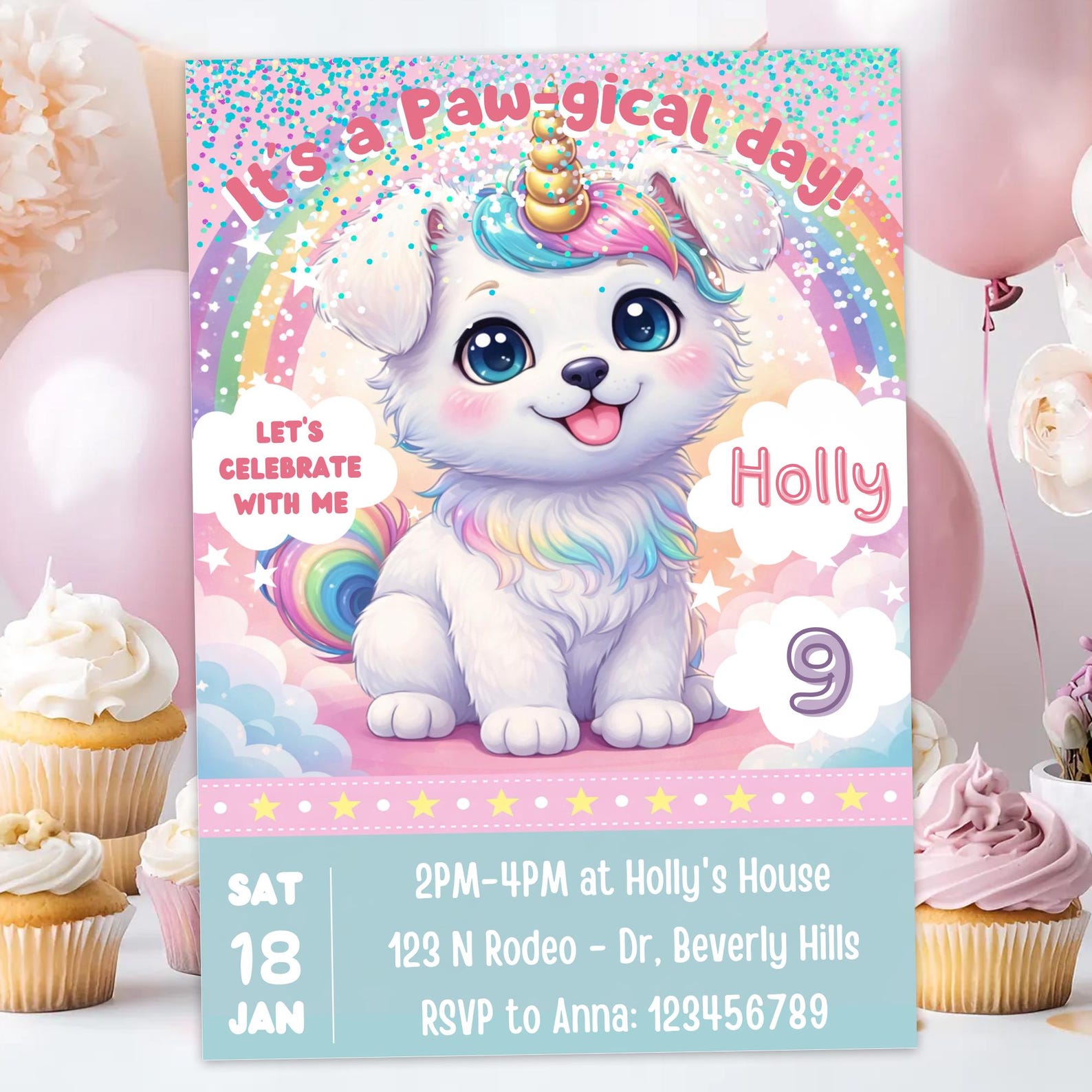 Invitación de cumpleaños de Puppycorn, invitación para fiesta de ...