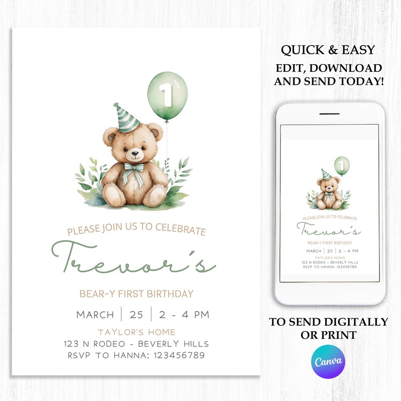 Beary First Birthday Invitation, Watercolor Greenery Boy Baby Bear 1st ...