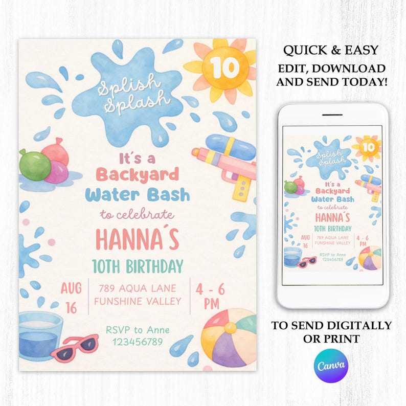 Water Gun Birthday Invitation, Girl Summer Splish Splash Party Invite ...