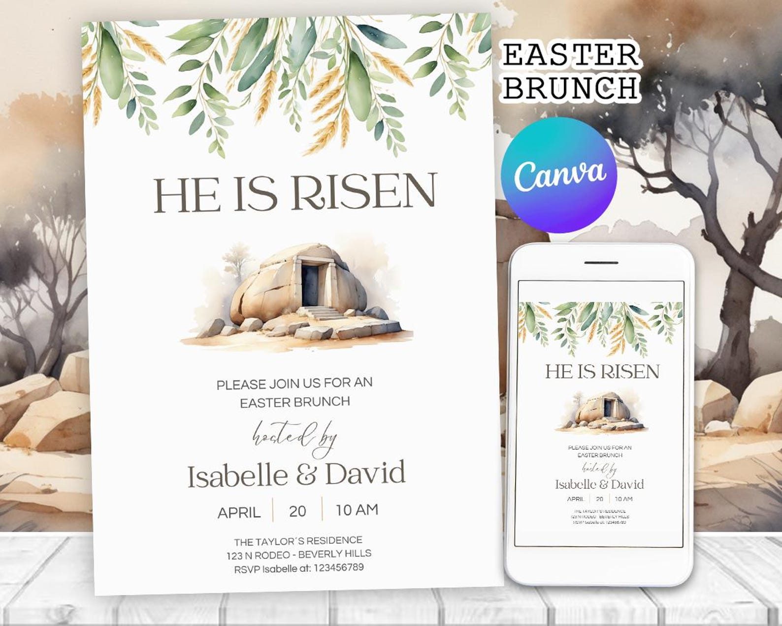 Easter Brunch Invitation, Watercolor Easter He Is Risen Invite, Easter ...