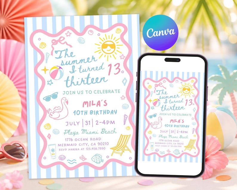 Summer 13th Birthday Invitation: Beach Coastal Girl Party Invite, Any ...