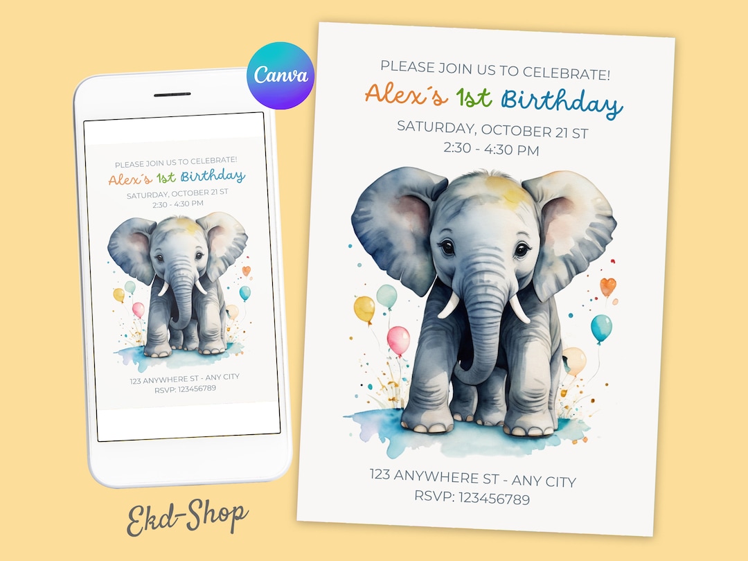 Printable Editable Elephant Birthday Invitation, Birthday Party Invite ...