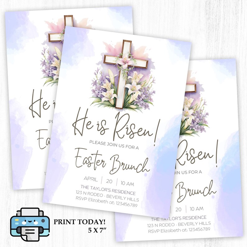 Easter Brunch Invitation, Watercolor Floral Cross Easter Invite ...