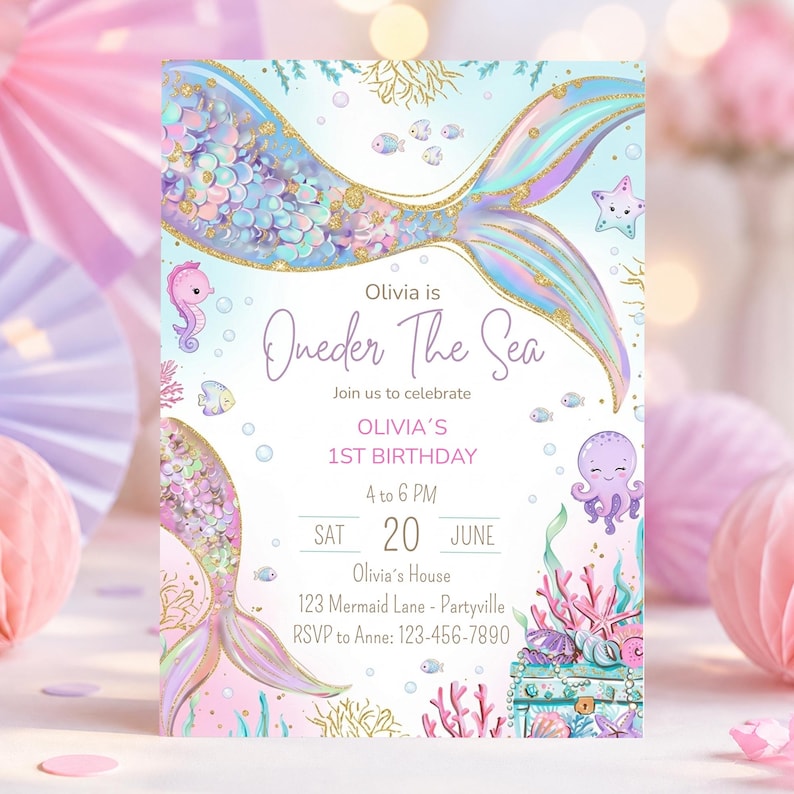 Mermaid 1st Birthday Invitation: Oneder the Sea Girl Party Invite, Any ...