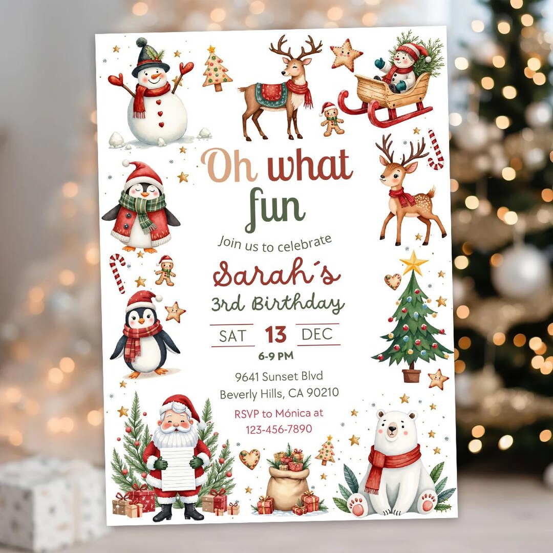 Watercolor Christmas Birthday Invitation Template, Cute Christmas ...