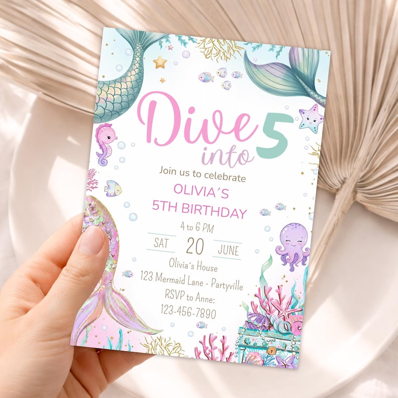 Mermaid 5th Birthday Invitation: Dive Into Five Party Invite, Any Age ...