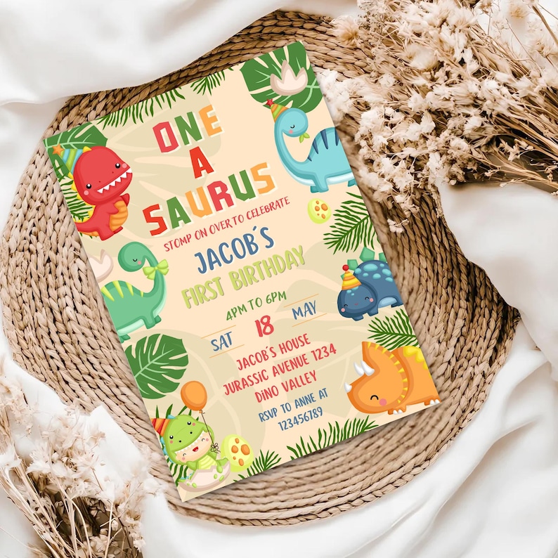 Dinosaur Birthday Invitation: One a Saurus Party Invite (editable Canva ...