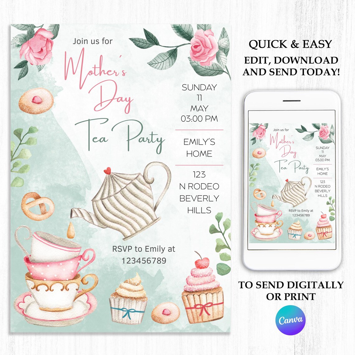 Mothers Day Tea Party Invitation, Watercolor Floral Afternoon Tea Party ...