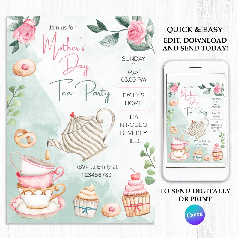 Mothers Day Tea Party Invitation, Watercolor Floral Afternoon Tea Party ...