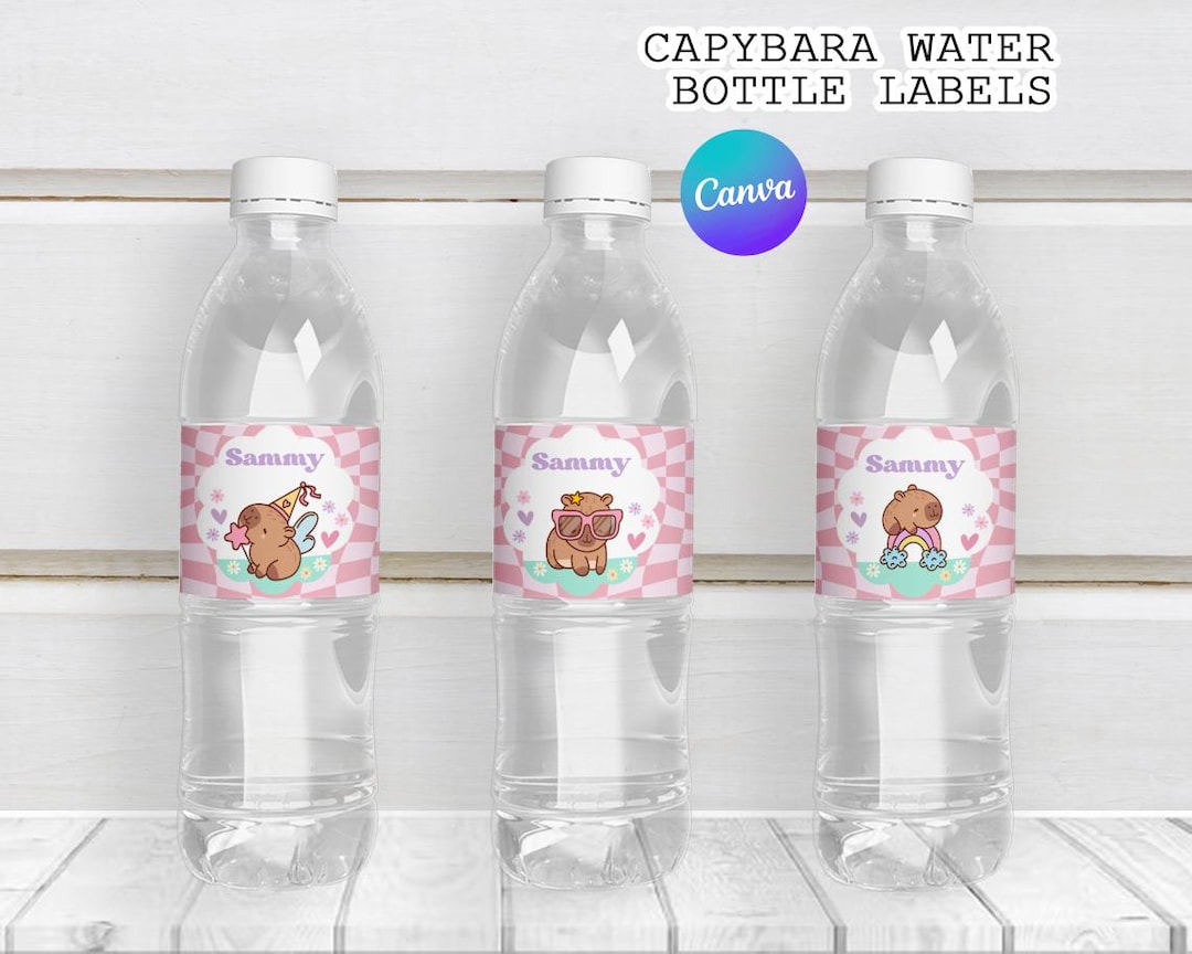 Capybara Water Bottle Labels, Cute Floral Pink Capybara Bottle Wrapper ...