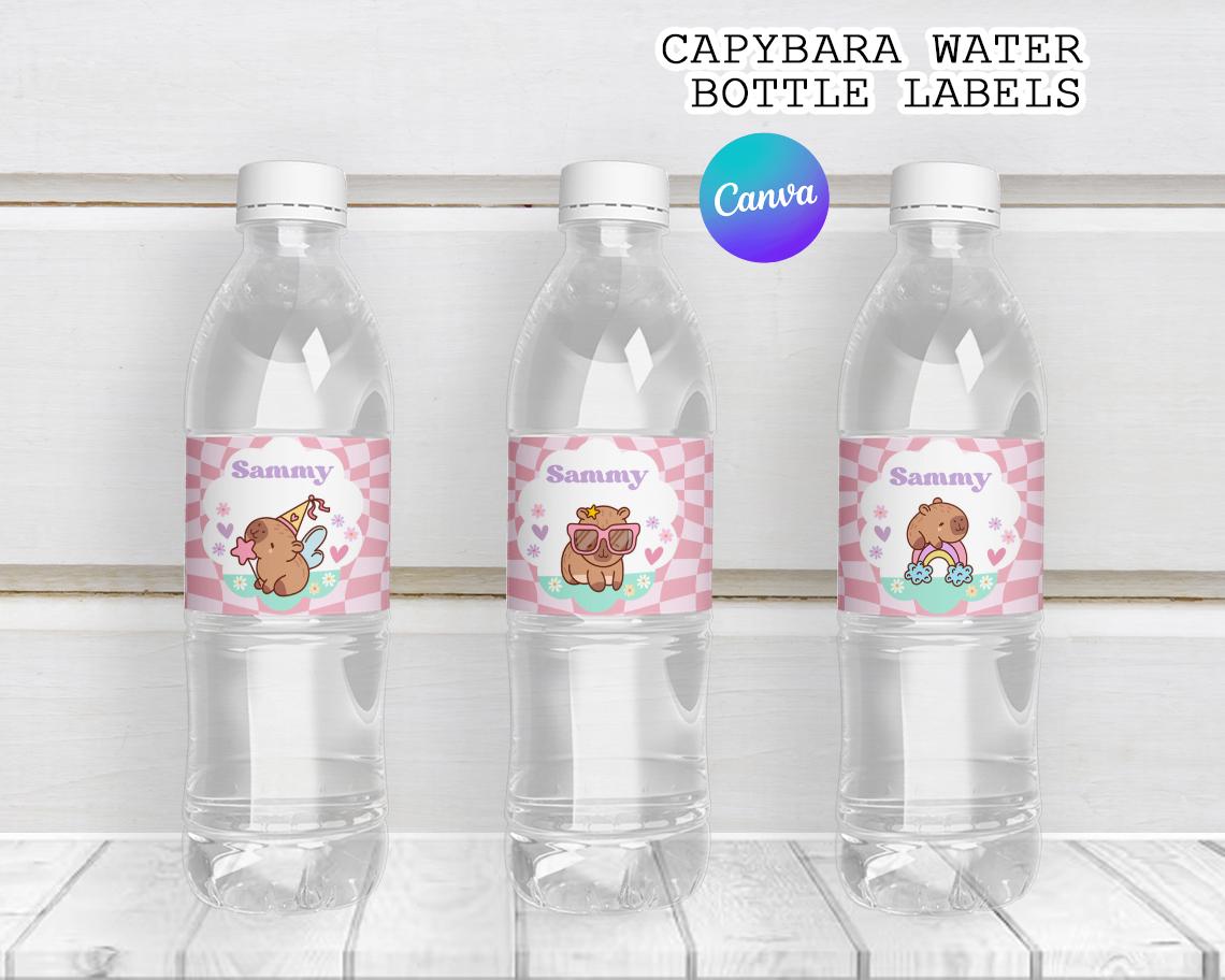 Capybara Water Bottle Labels, Cute Floral Pink Capybara Bottle Wrapper ...