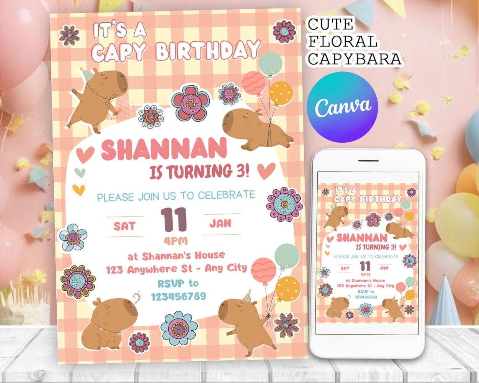 Capybara Birthday Invitation, Cute Floral Capybara Party Invite, Girl ...