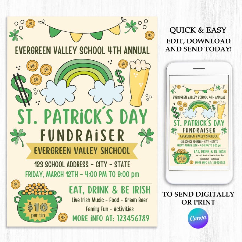 St Patricks Day Fundraiser School Flyer Template: Hand Drawn Event ...