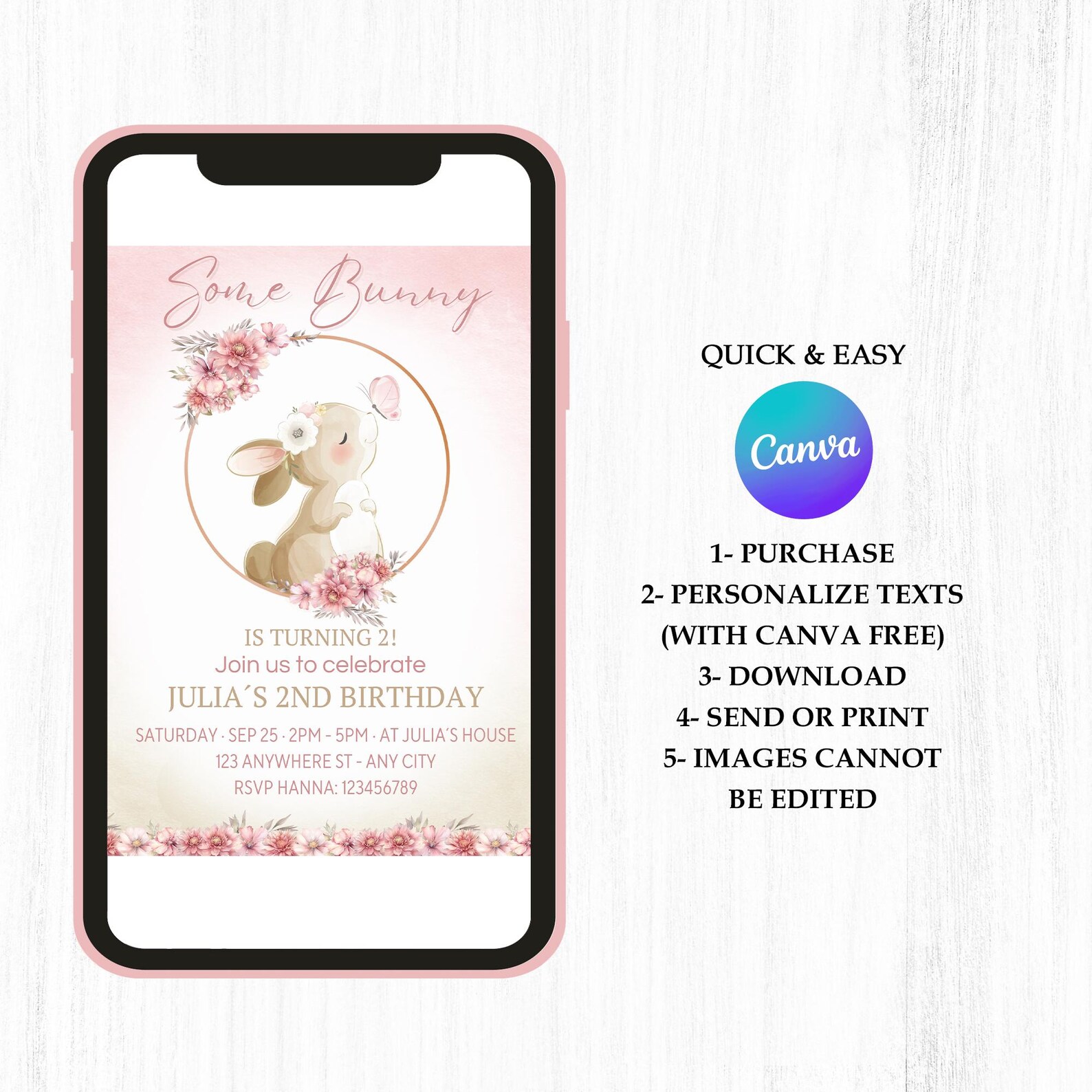 Bunny Birthday Invitation, Pink Girls Floral Coquette Bunny Party ...