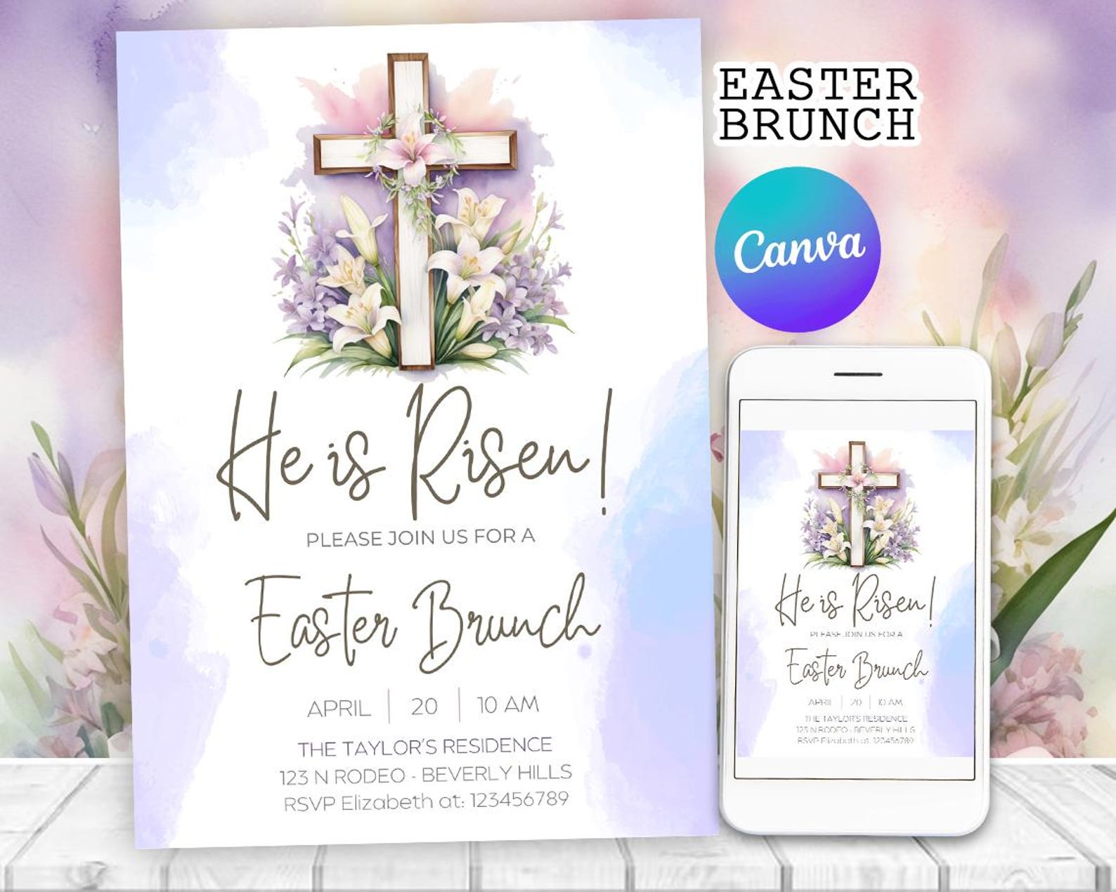 Easter Brunch Invitation, Watercolor Floral Cross Easter Invite ...