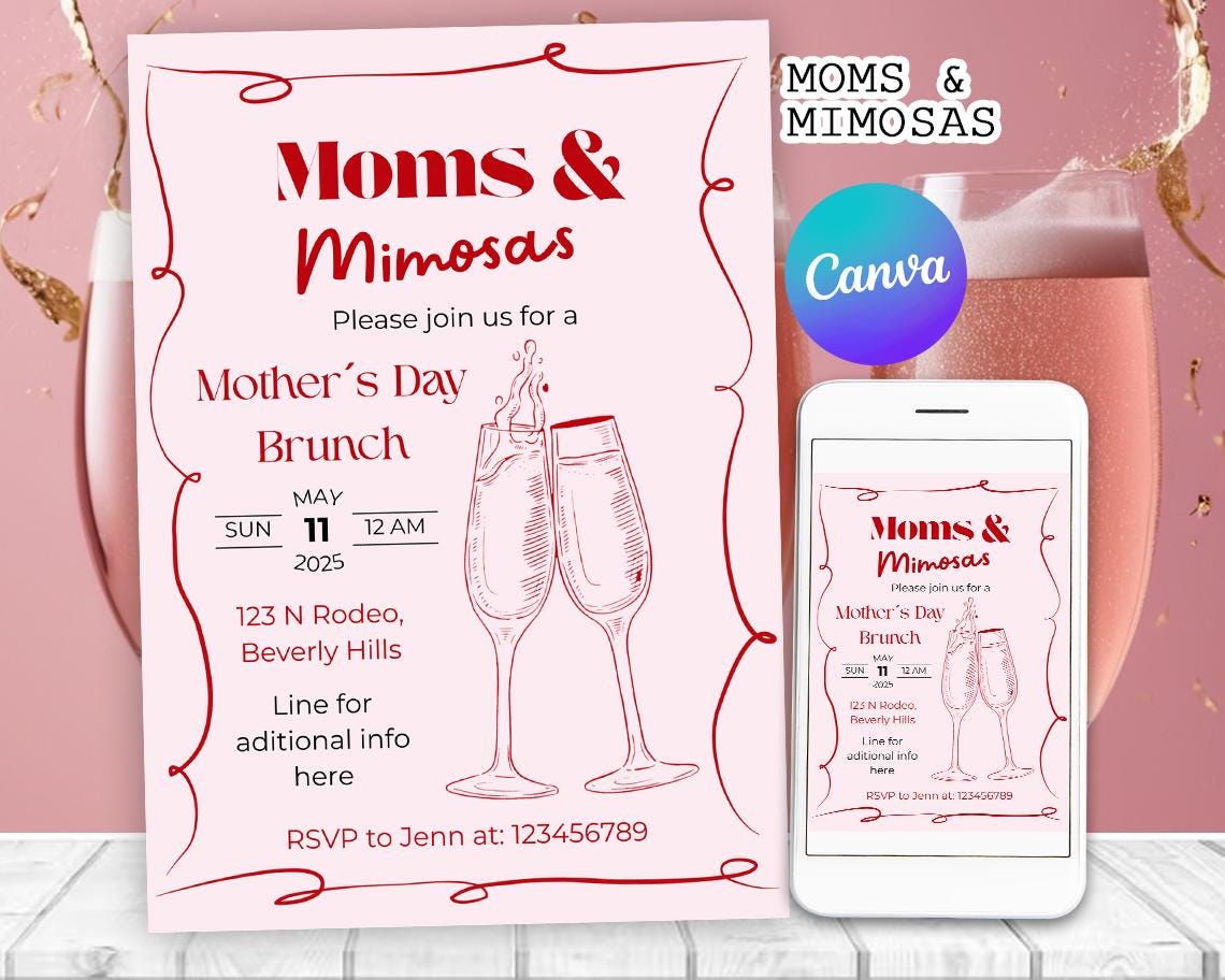 Moms And Mimosas Invitation, Pink Red Hand Drawn Mothers Day Brunch ...