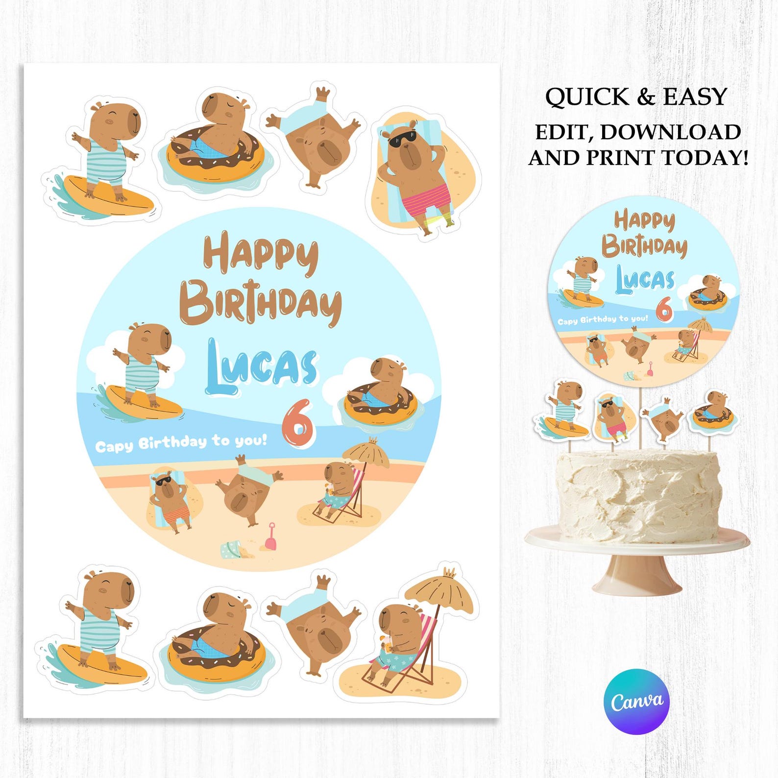 Capybara Cake Topper, Summer Boys Capybara Cake Decorations, Summer ...