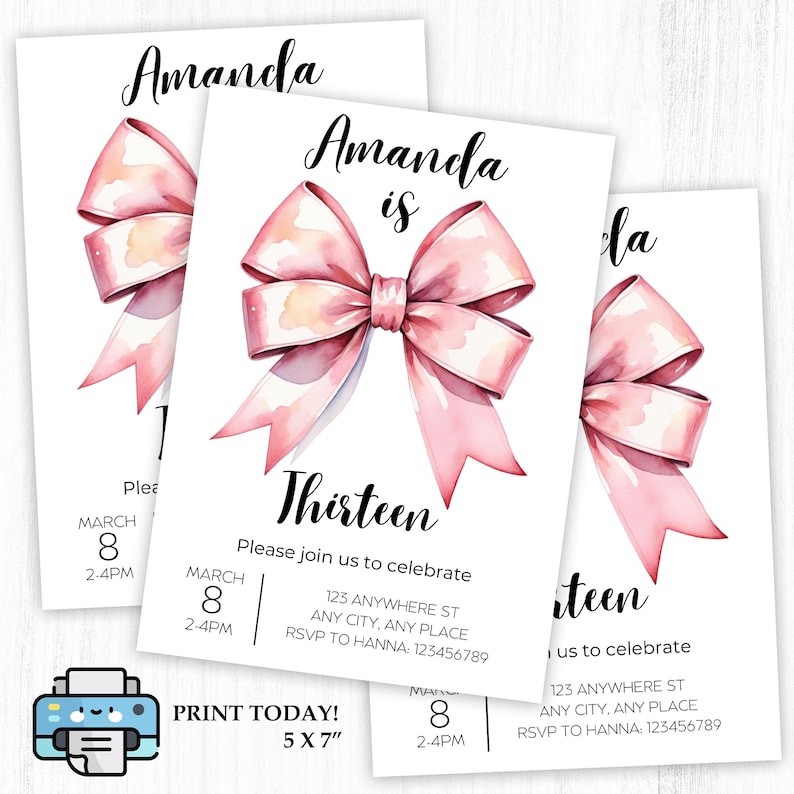Pink Bow Birthday Invitation, Girly Watercolor Bow Party Invite, 13th ...