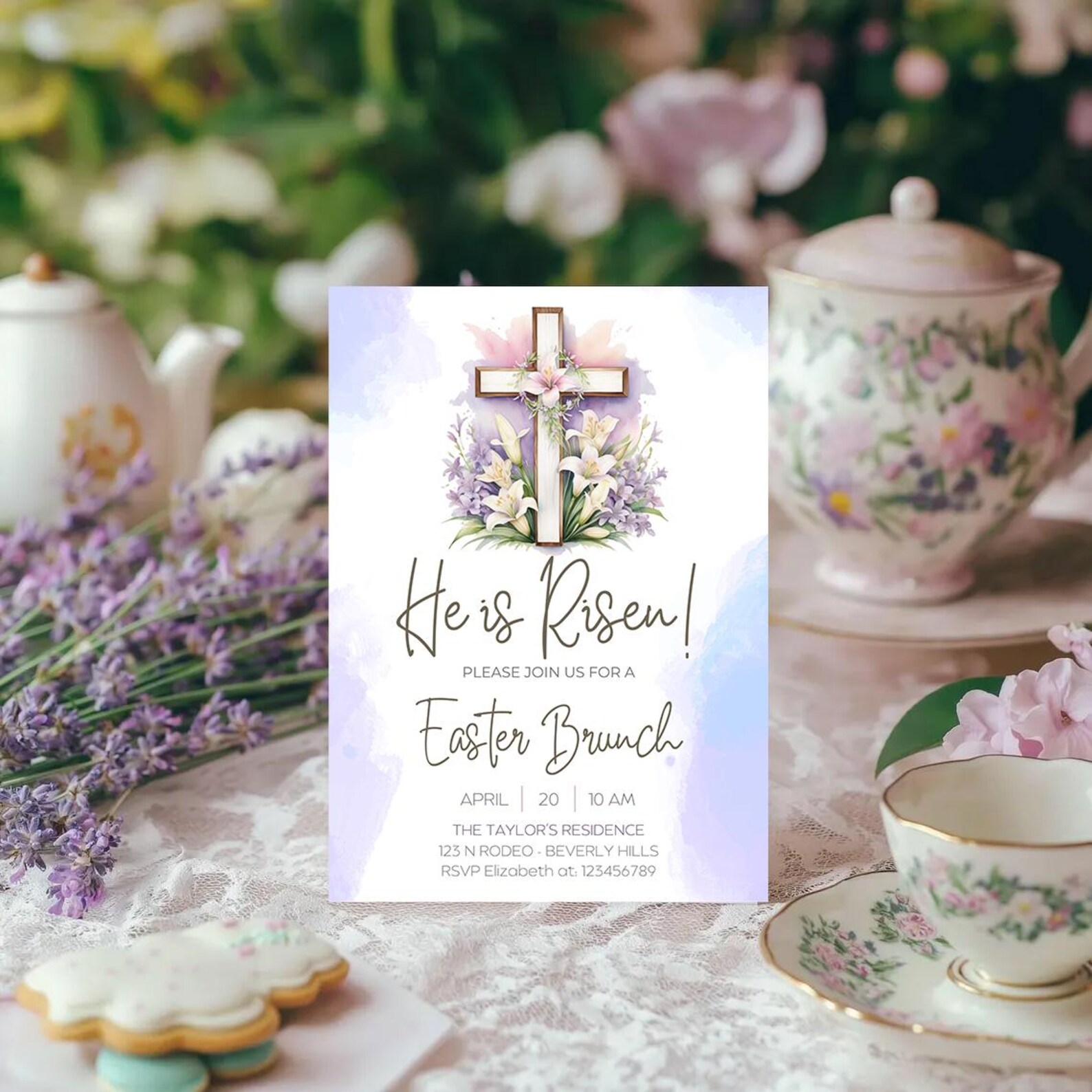 Easter Brunch Invitation, Watercolor Floral Cross Easter Invite ...