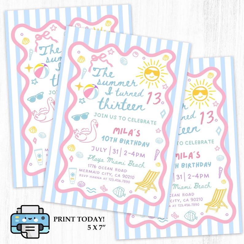 Summer 13th Birthday Invitation: Beach Coastal Girl Party Invite, Any ...