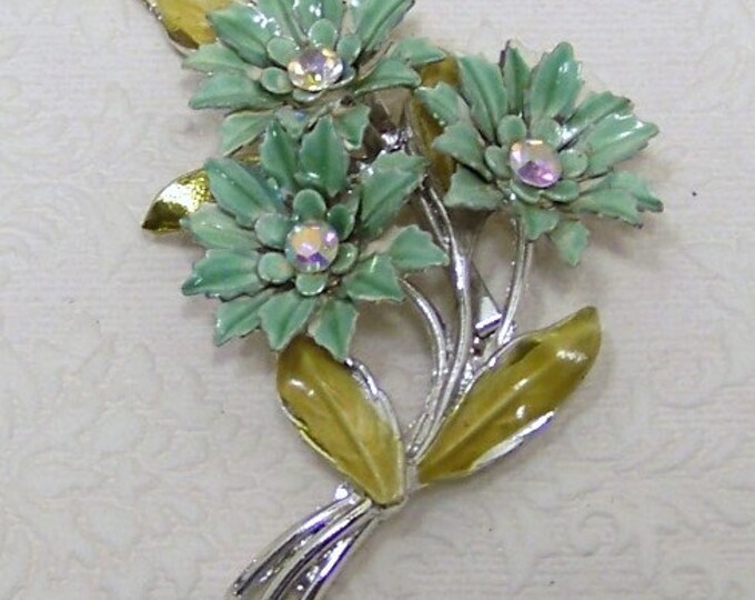 Vintage Signed CORO Enamel Flower Floral Brooch Pin AB Rhinestone ...