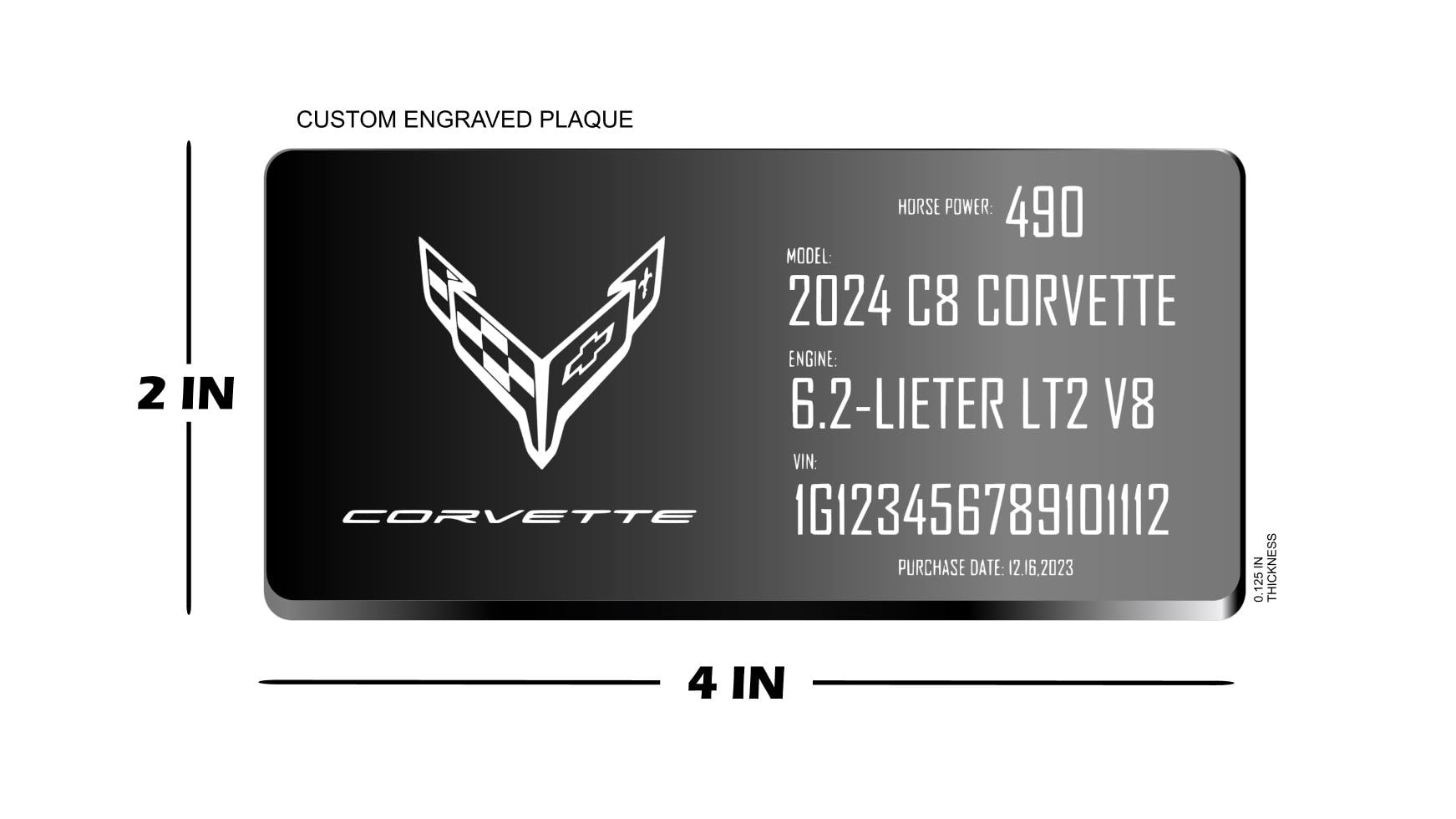 2x4 IN Engraved Plaque Custom for C8 Corvette, Z06, ZR1 Aluminum for ...