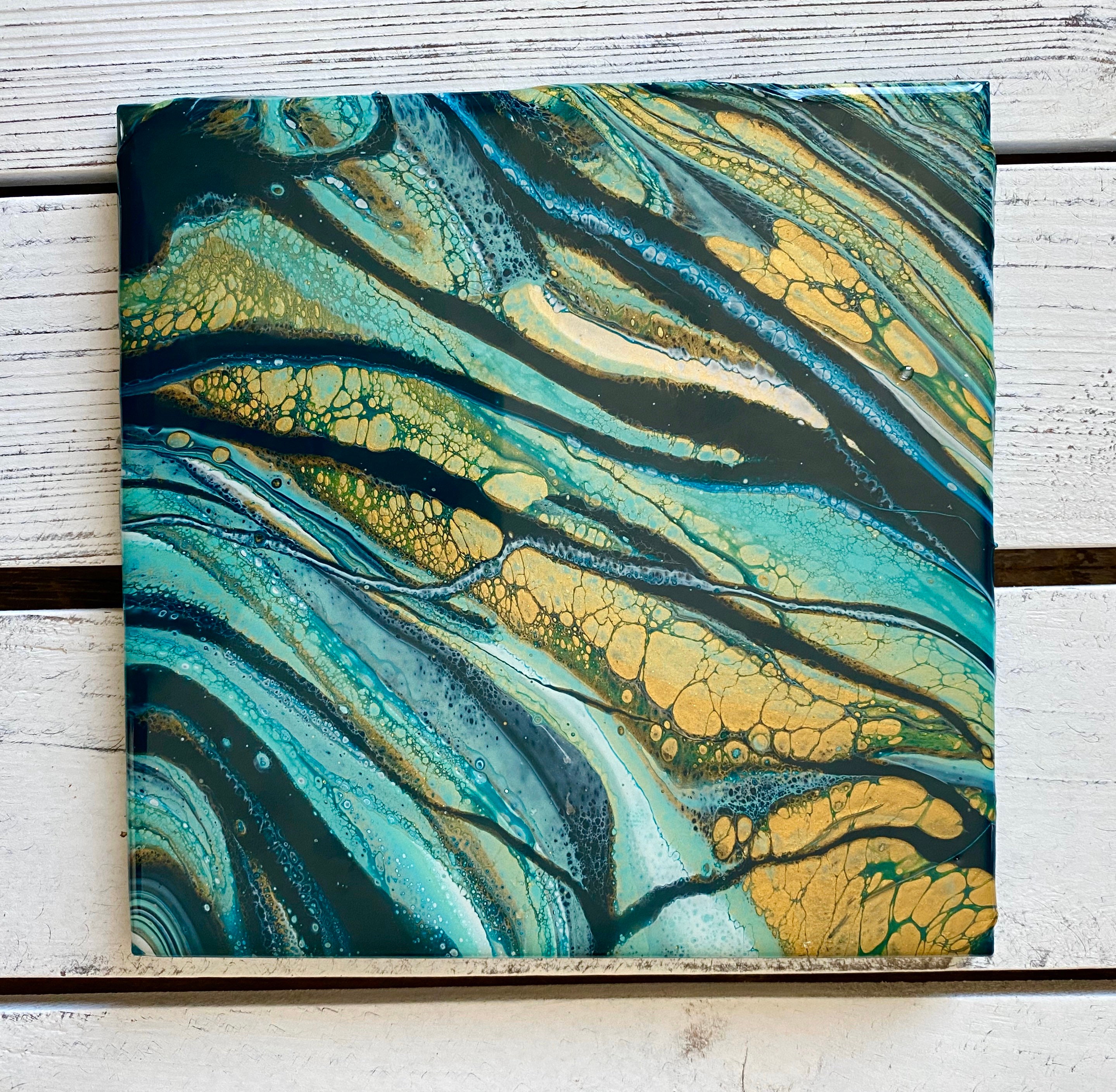 6 inch Resin Blue Gold UNIQUE Handmade Tile Coaster Painted Artisan Made