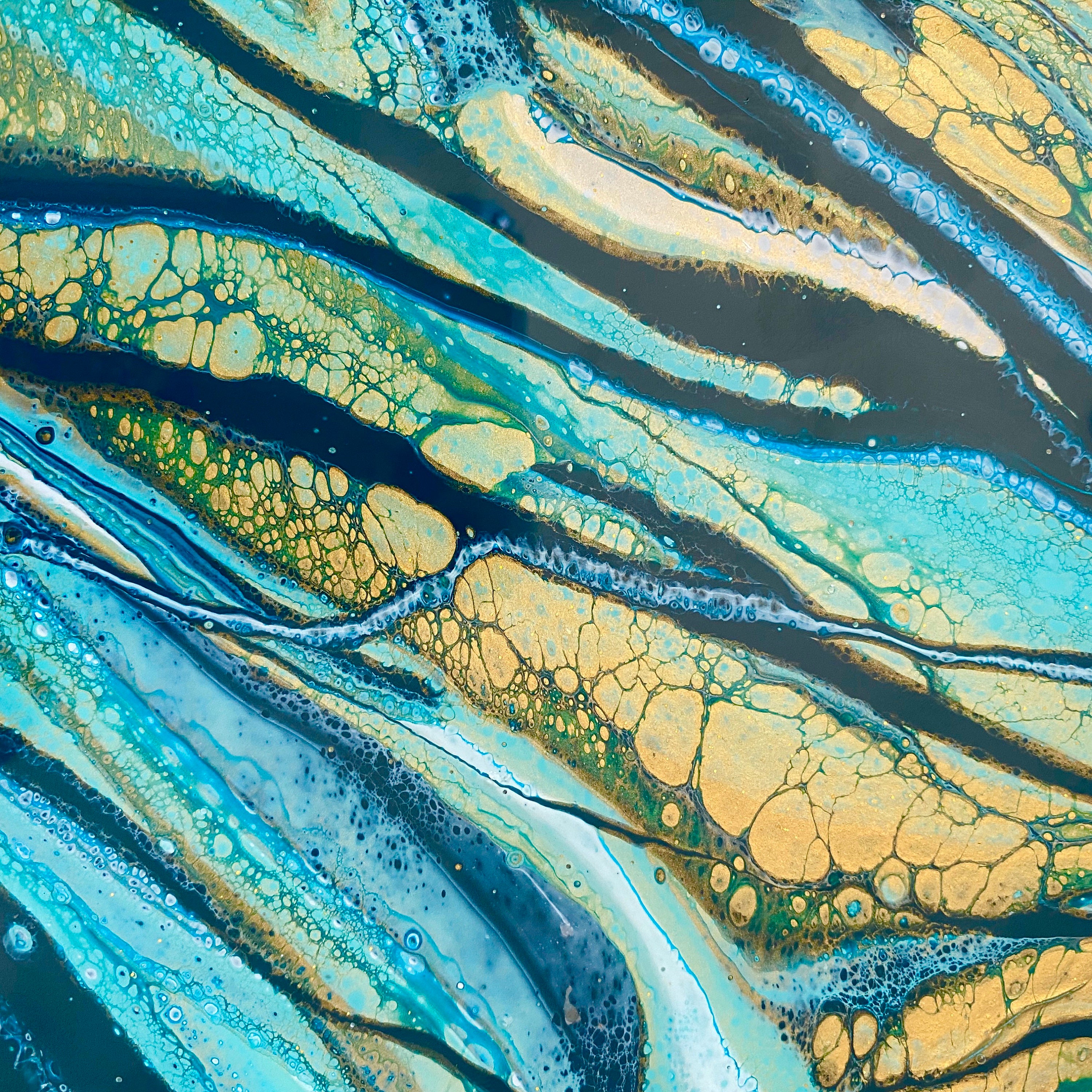 6 inch Resin Blue Gold UNIQUE Handmade Tile Coaster Painted Artisan Made
