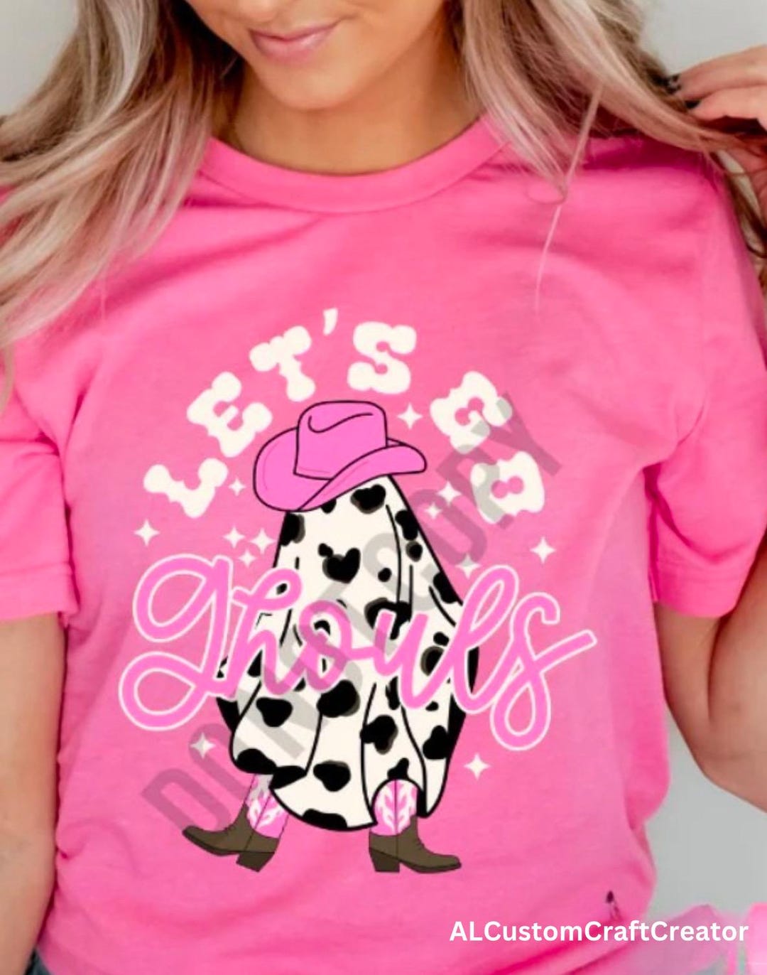 Let’s Go Ghouls Pink T-shirt: Cow Print Ghost, Spooky Cowgirl Halloween ...