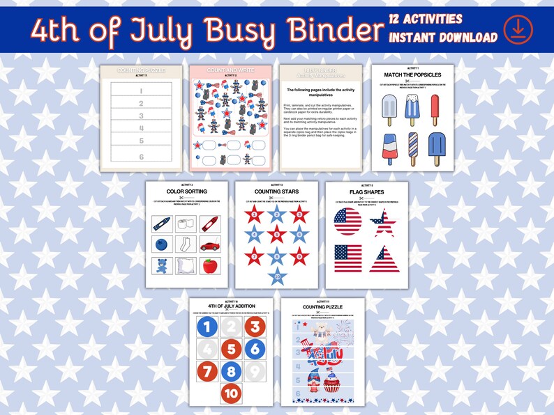 4th of July Preschool Busy Binder Learning Activity INSTANT DOWNLOAD ...