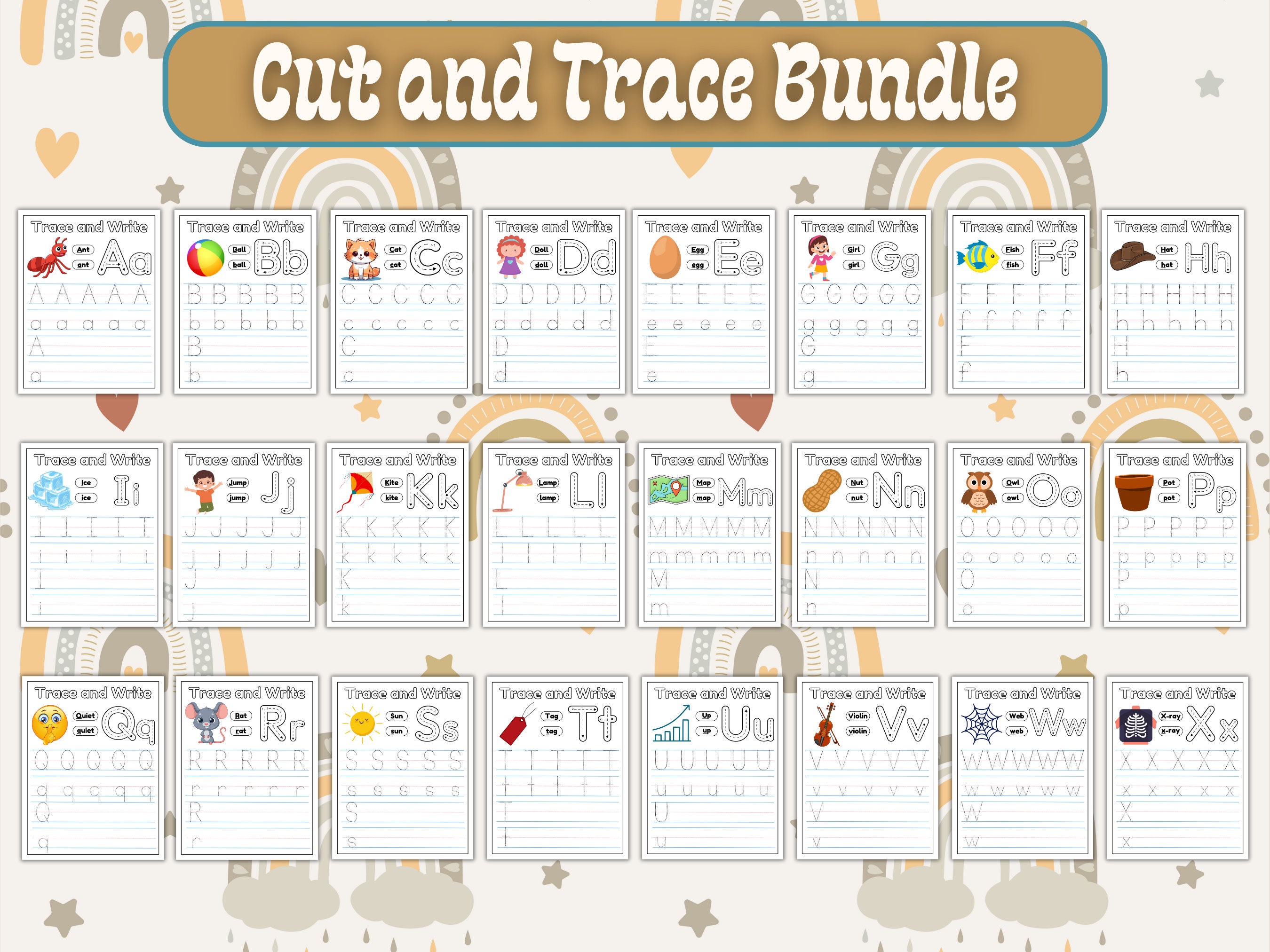 Cut and Trace Printable Bundle, Alphabet Letter Trace, Homeschool ...