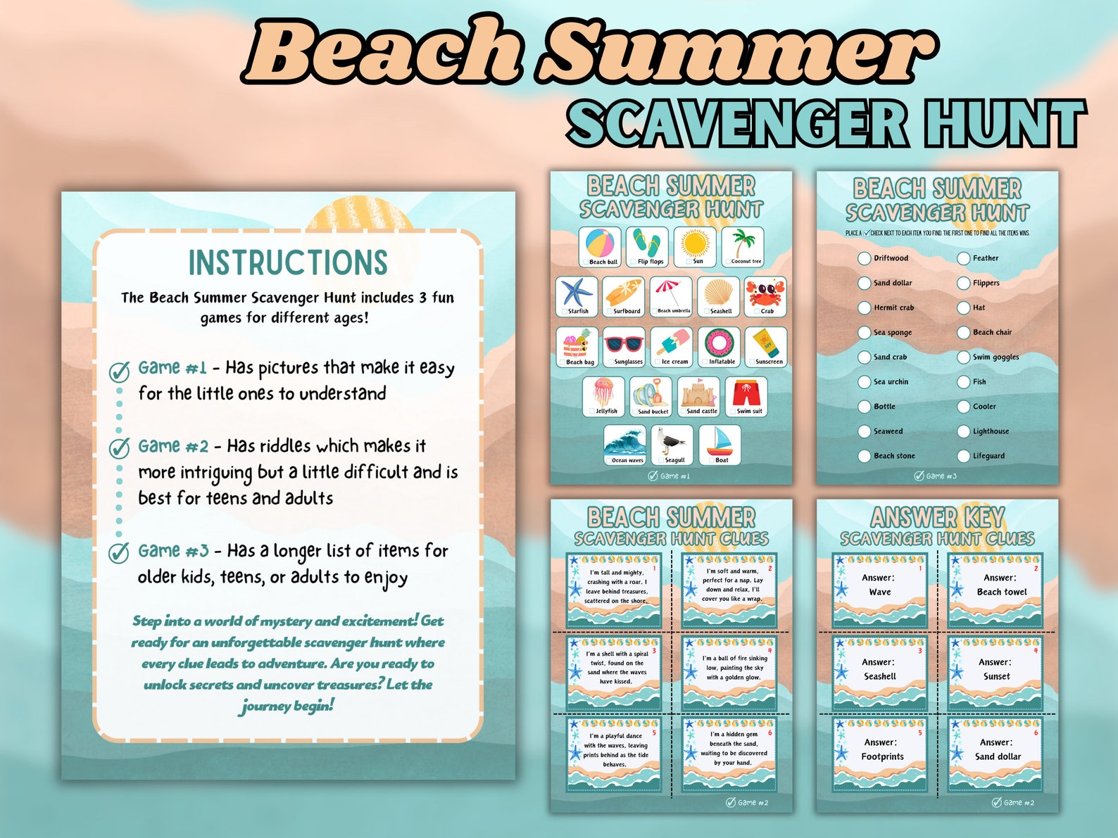 Beach Summer Scavenger Hunt for Kids, Scavenger Hunt Party Game ...