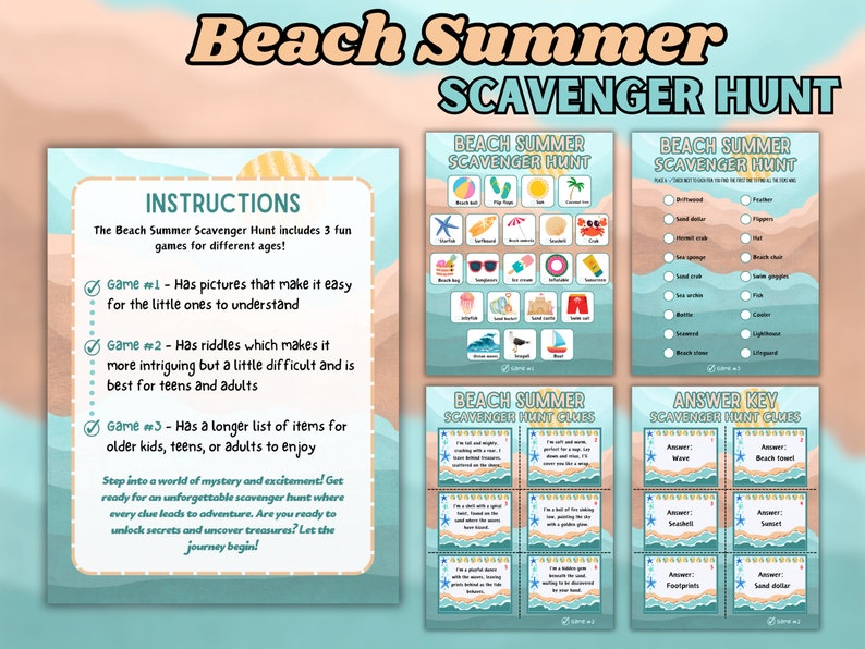 Beach Summer Scavenger Hunt for Kids, Scavenger Hunt Party Game ...