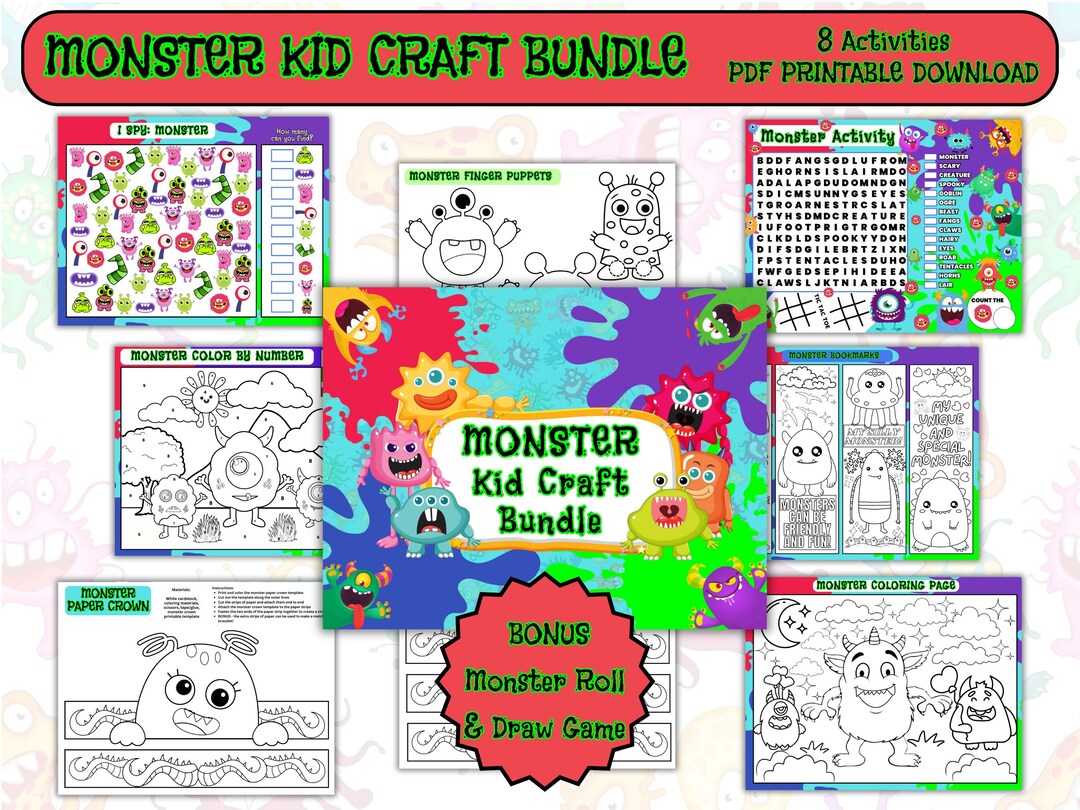 Monster Kid Craft Printable Bundle, Bonus Roll and Draw a Monster Game ...