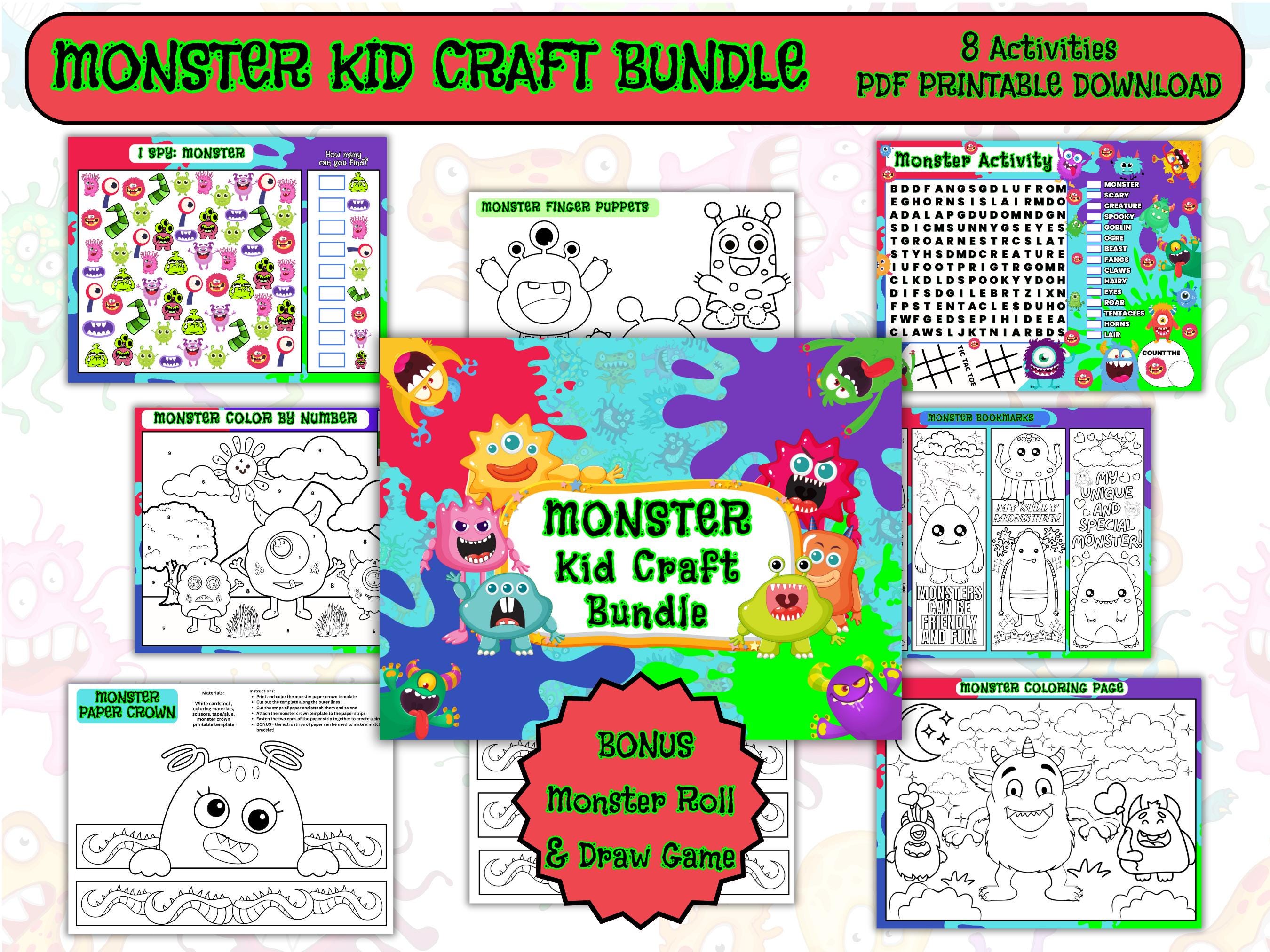Monster Kid Craft Printable Bundle, Bonus Roll and Draw a Monster Game ...