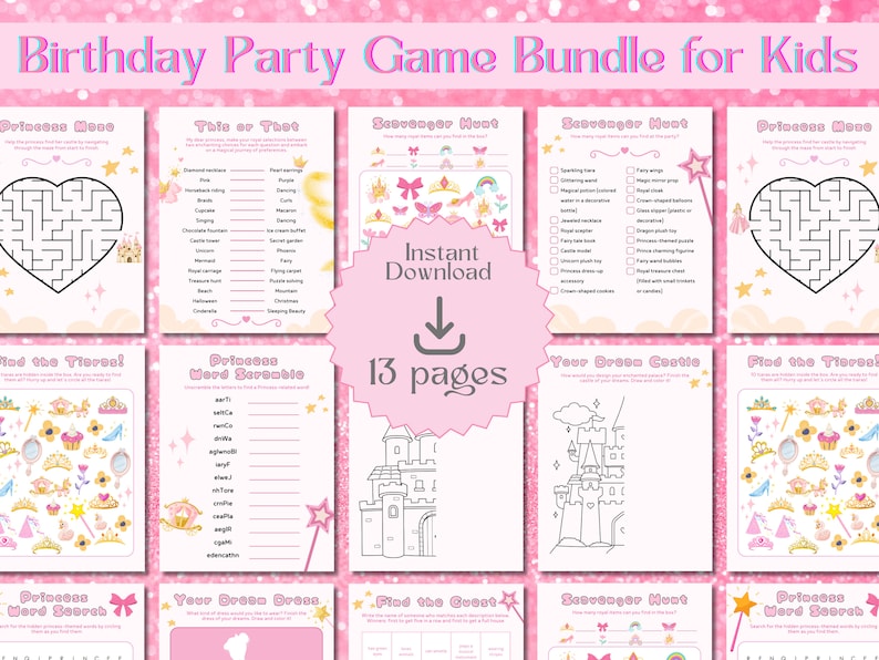Princess Birthday Party Games, Party Favors, Pink, Printable, Instant ...