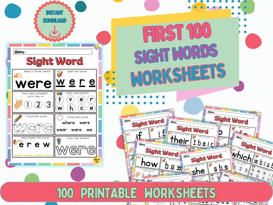 First 100 Sight Words Worksheets: Kindergarten Learning (digital ...