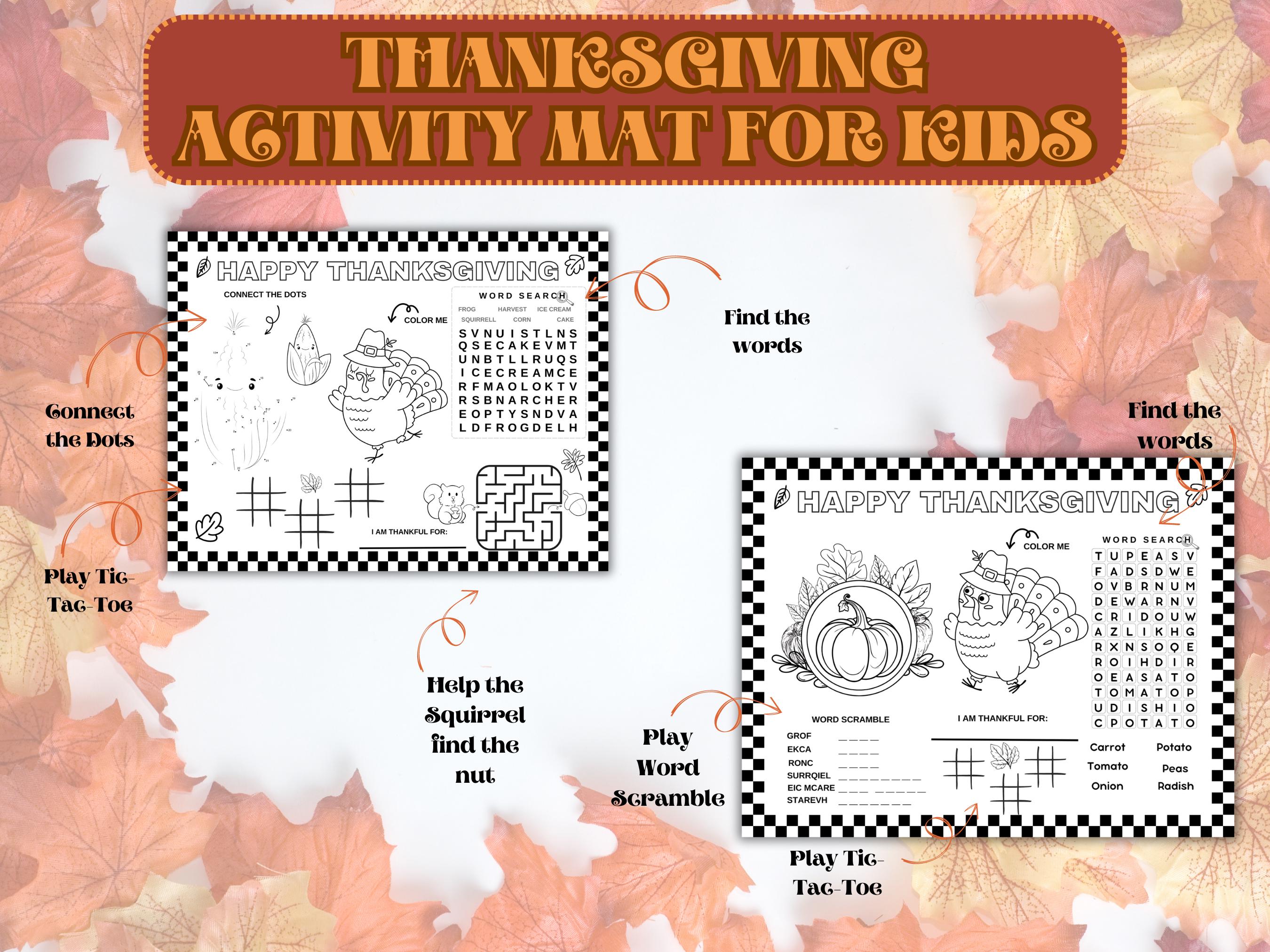Printable Thanksgiving Activity Placemat for Kids, Coloring Page, Word ...